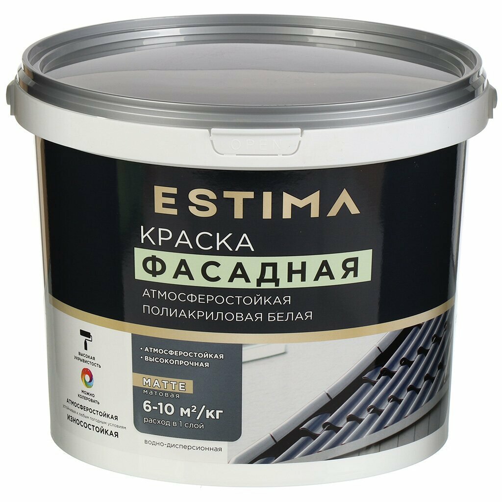 Краска фасадная Estima водно-дисперсионная полиакриловая матовая белая 6.5 кг атмосферостойкая для наружных работ по бетону