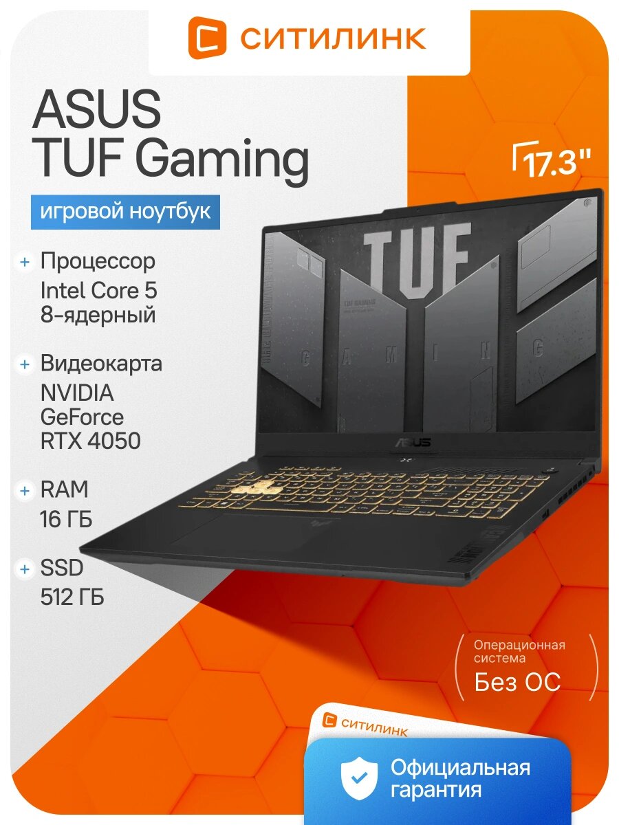 Ноутбук Asus 17.3" TUF Gaming FX707VUR-HX225 Core 5 210H/16Gb/SSD512Gb/6Gb/noOS/серый