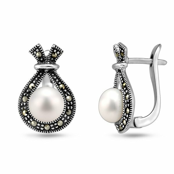 Серьги, серебро, 925 проба, оксидирование, жемчуг имитация, марказит