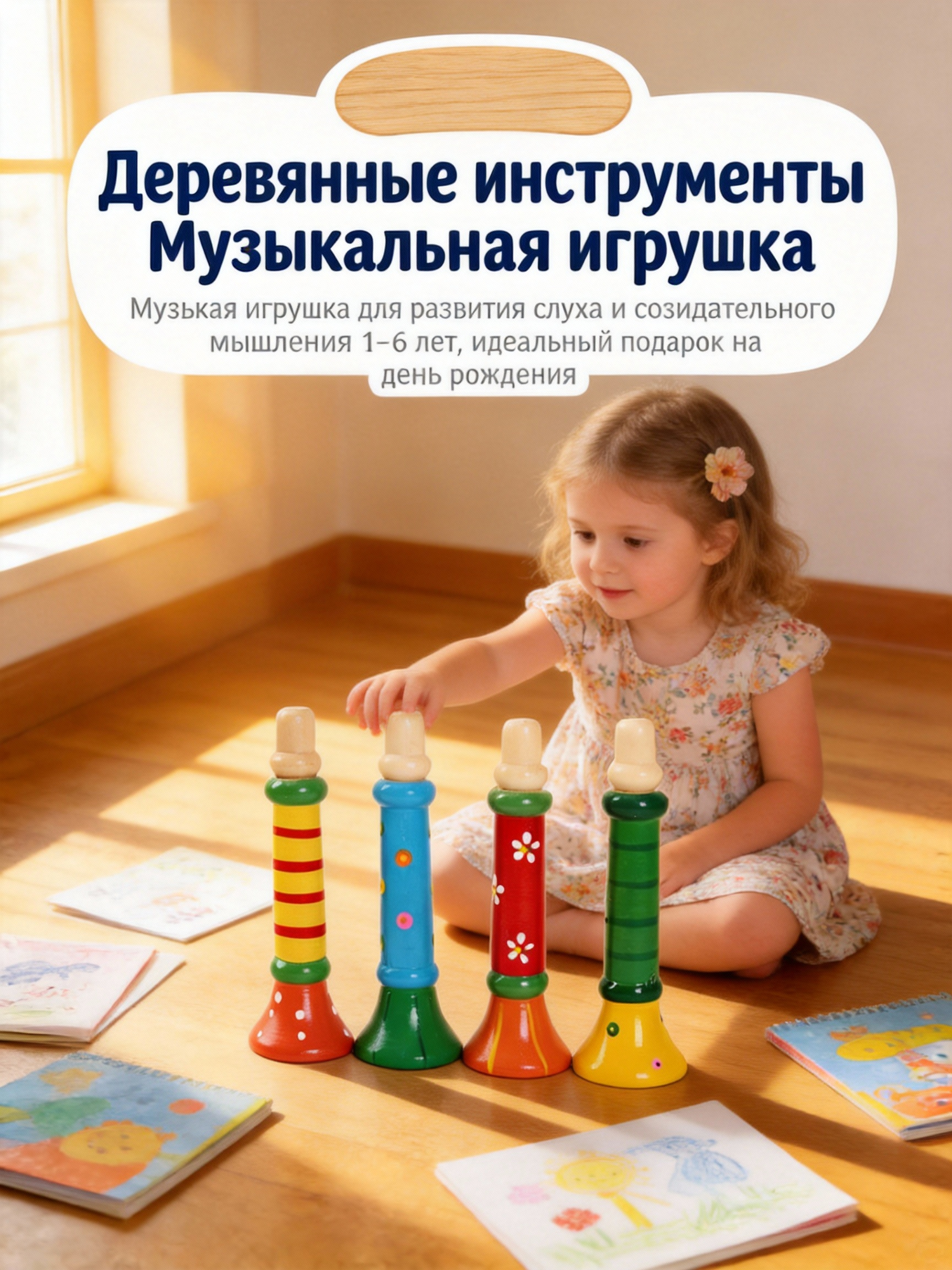 Деревянный духовой инструмент Монтессори для детей 1–6 лет — музыкальная игрушка для семьи, подарок, случайный цвет