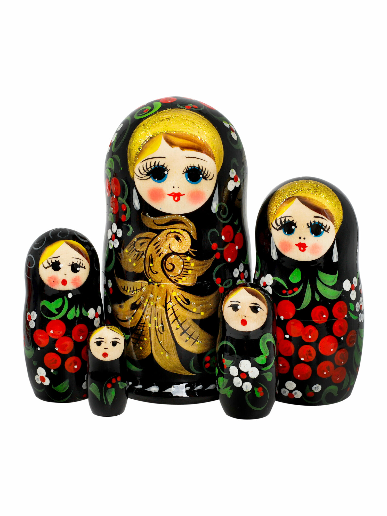 Матрешка Птица счастья на черном, 5 мест, 14см, ручная роспись