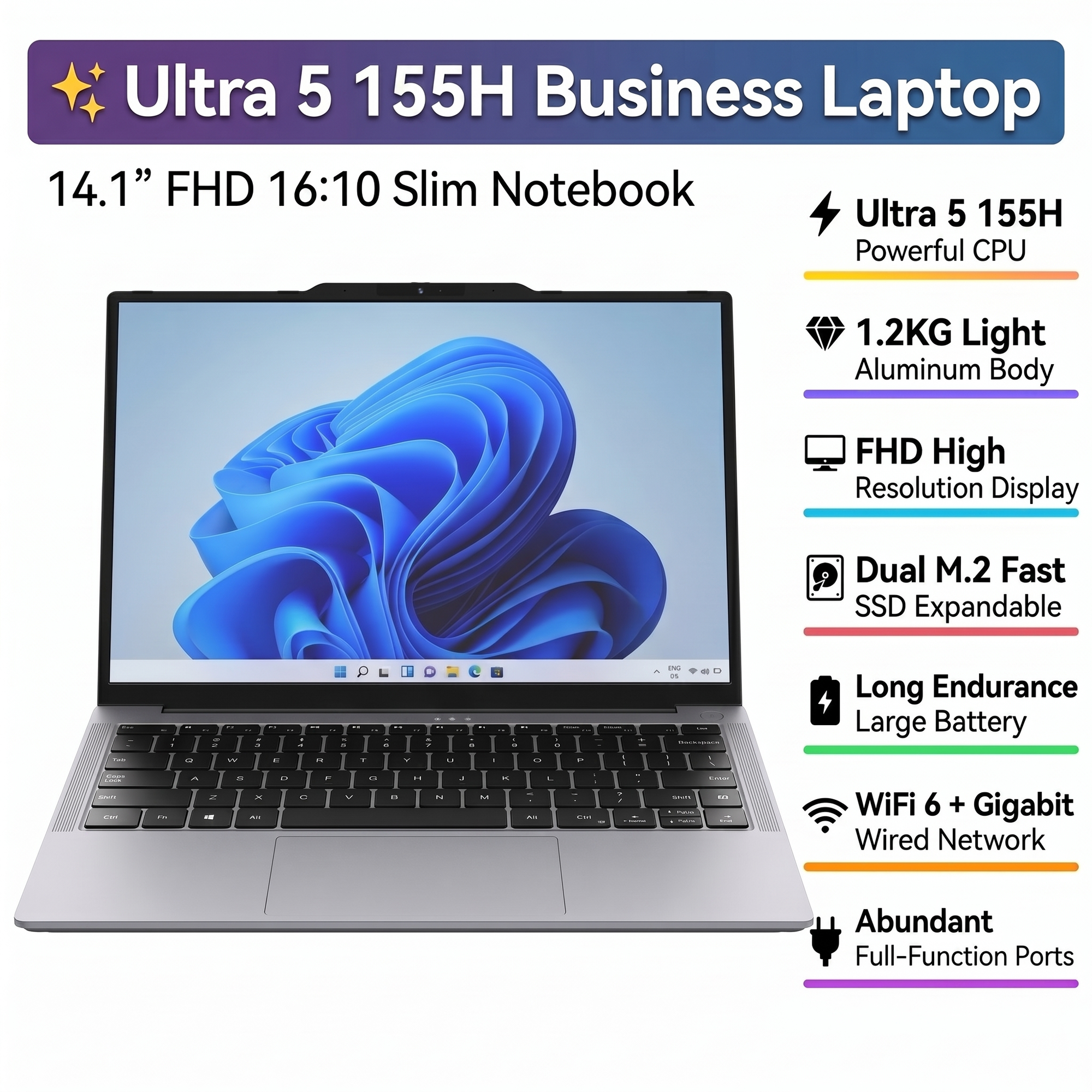 Ноутбук 14.1" Intel Core Ultra 5 155H (16:10, 1920x1200, алюминий, 1.2 кг, 180° открытия, до 24ГБ ОЗУ)
