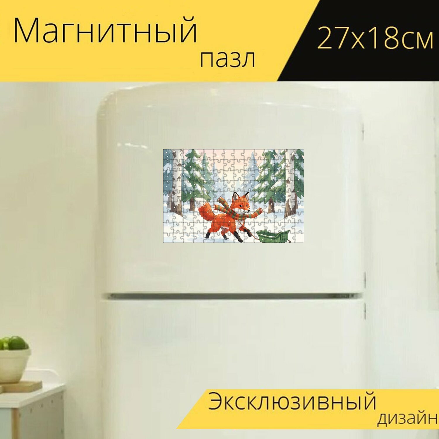 Магнитный пазл "Лиса в зимнем лесу. Очаровательный рыжий зверёк в полосатом шарфе мчится по снежной тропе, тянет зелёные санки среди заснеженных елей и." на холодильник 27 x 18 см.