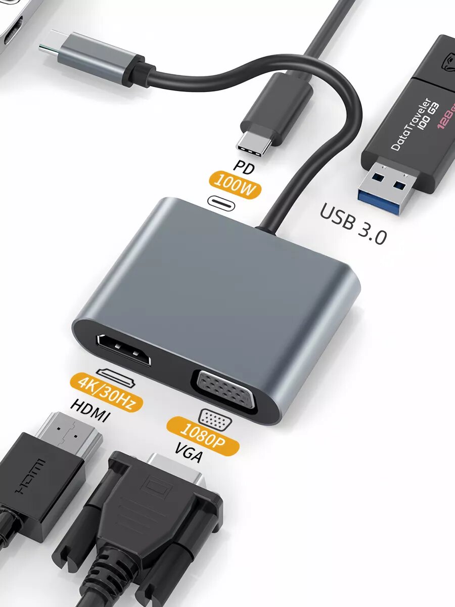 Видеоадаптер Хаб Type-C - Type-C /USB 3.0 / HDTV / VGA