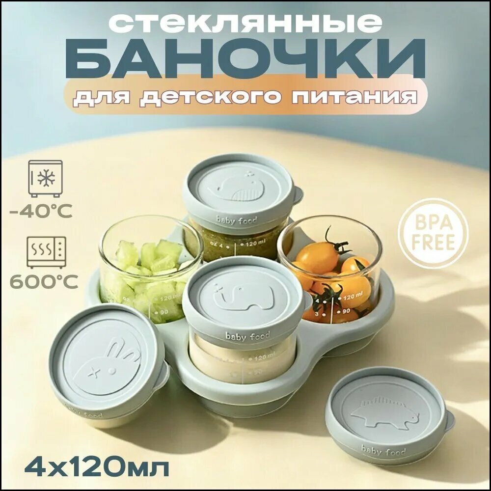 Эксклюзивный набор из 4 безопасных стеклянных контейнеров по 120 мл, предназначенных для детского питания, разогрева в СВЧ, заморозки и мытья в посудомоечной машине