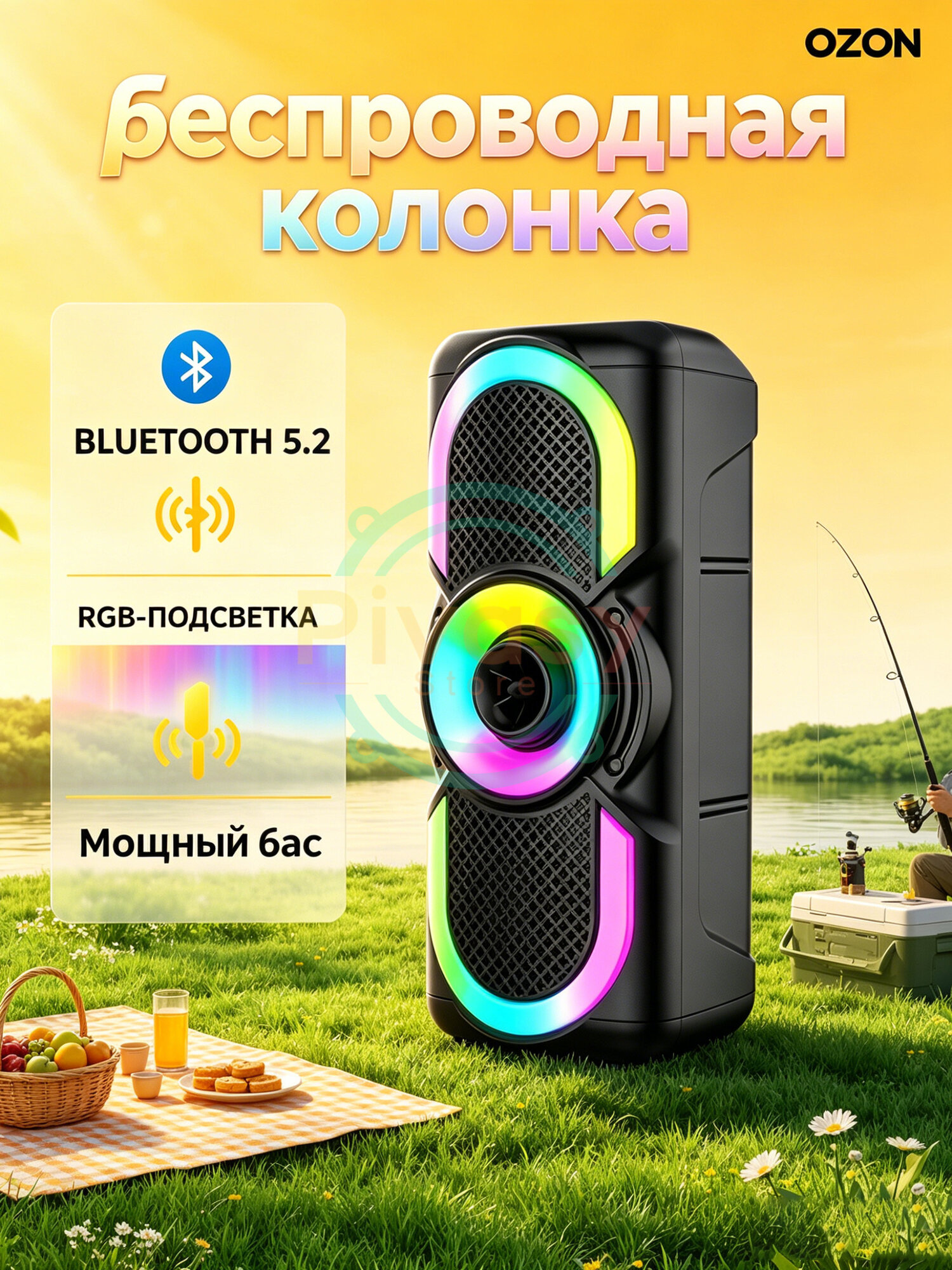 Портативная колонка, LED, сабвуфер Bluetooth 5.2, AUX, перезаряжаемая для караоке, кемпинга, вечеринок.