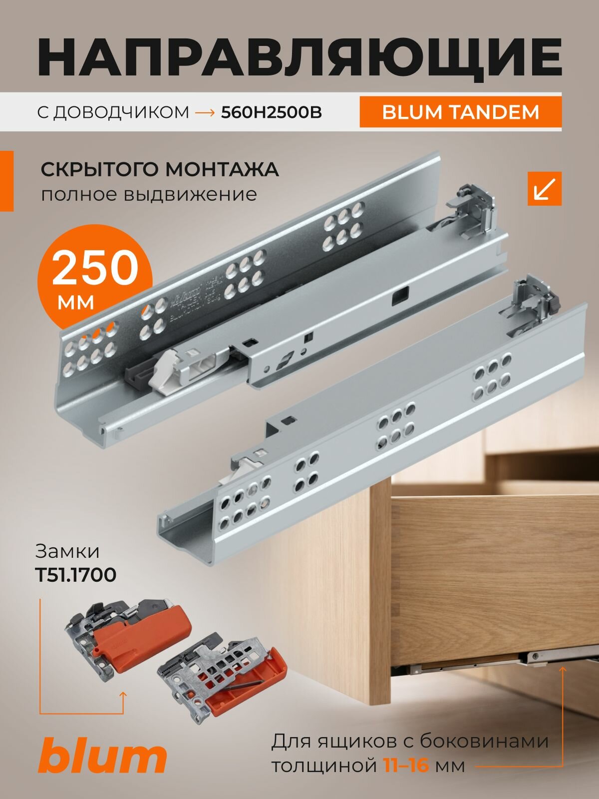 BLUM TANDEM направляющие скрытого монтажа полного выдвижения с доводчиком 250мм с замками 560H2500B