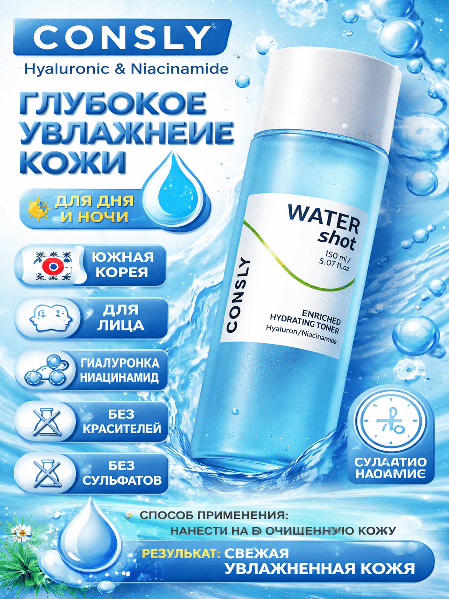 Тонер Consly Hyaluronic & niacinamide увлажняющий гиалурон-ниацинамид, 150мл