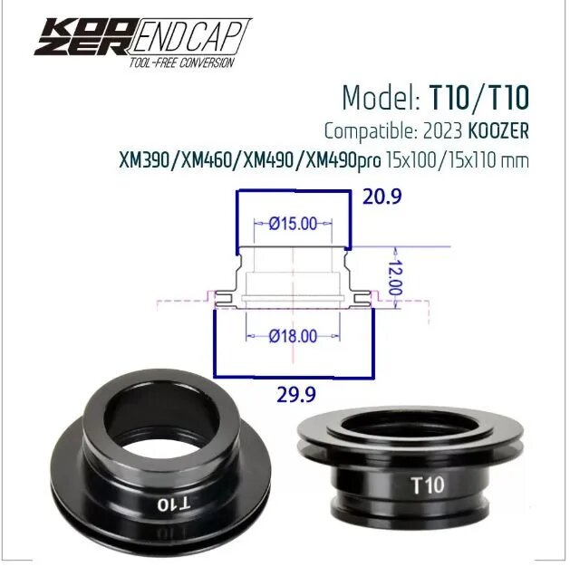 Комплект колпачковT10+T10 /15x100 THRU/для передней втулки Koozer XM490pro/XM490/XM390/XM450