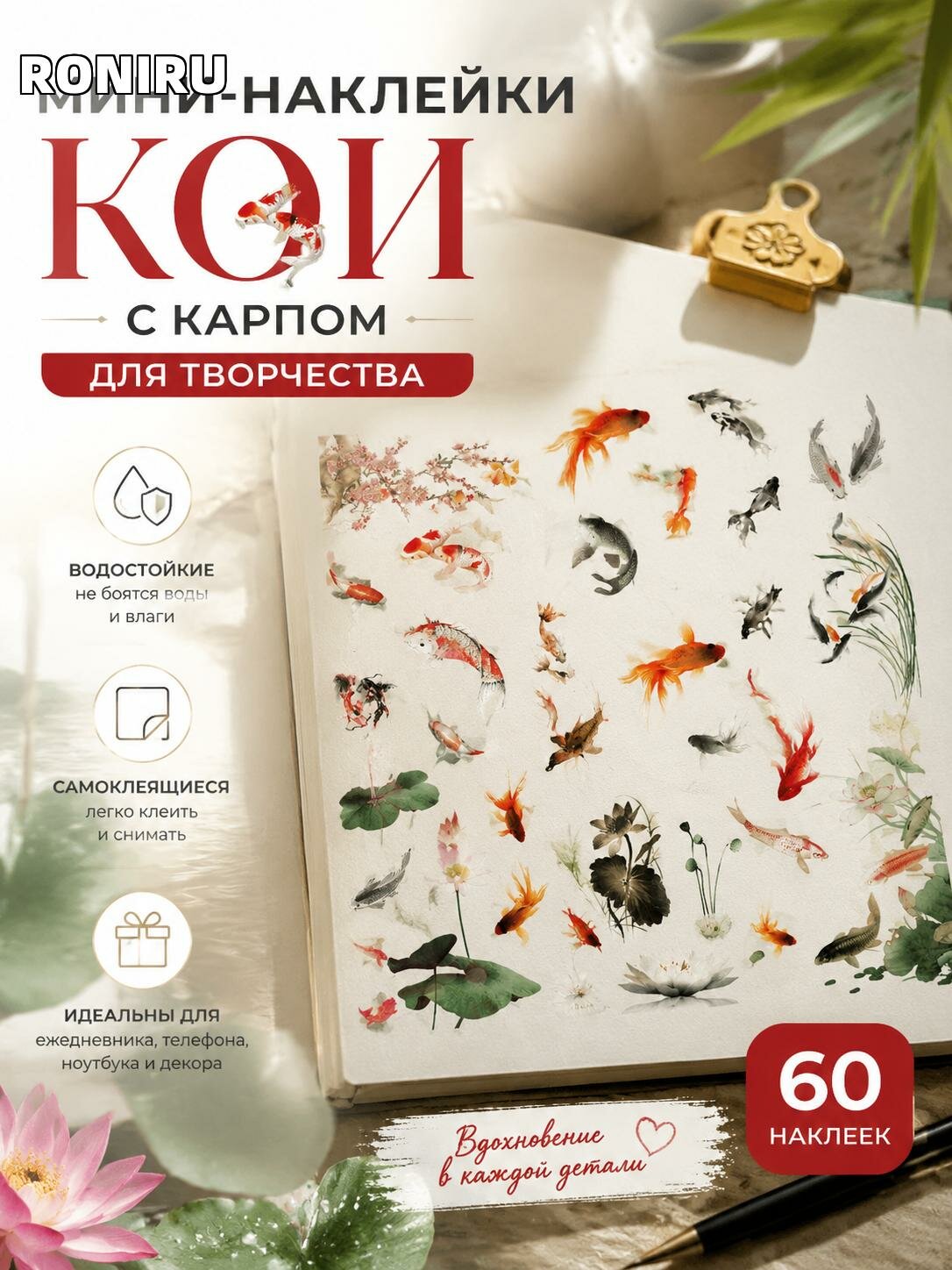 Мини-наклейки Кои с карпом для творчества — самоклеящиеся водостойкие для ежедневника, телефона, ноутбука Seasonstorm