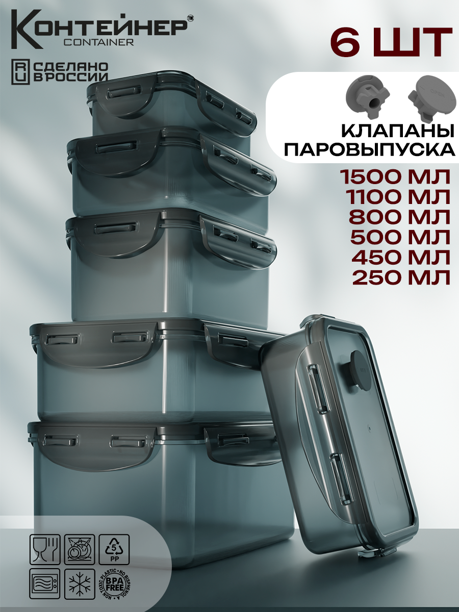 Набор контейнеров Контейнер & Container, пластик, герметичные, с клапаном, 6 штук