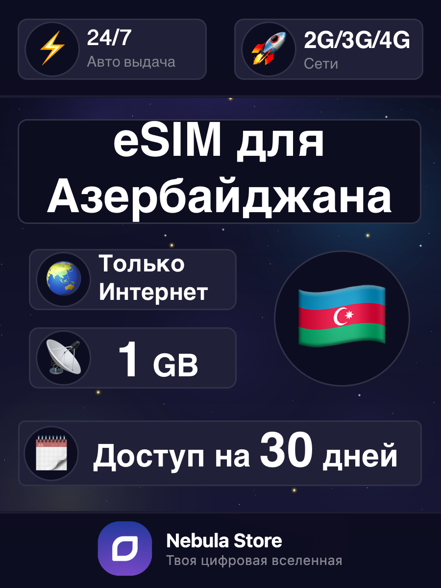 ESIM Азербайджан | Интернет | 1 ГБ на 30 дней | 4G | Для телефона и планшета - автовыдача 24/7