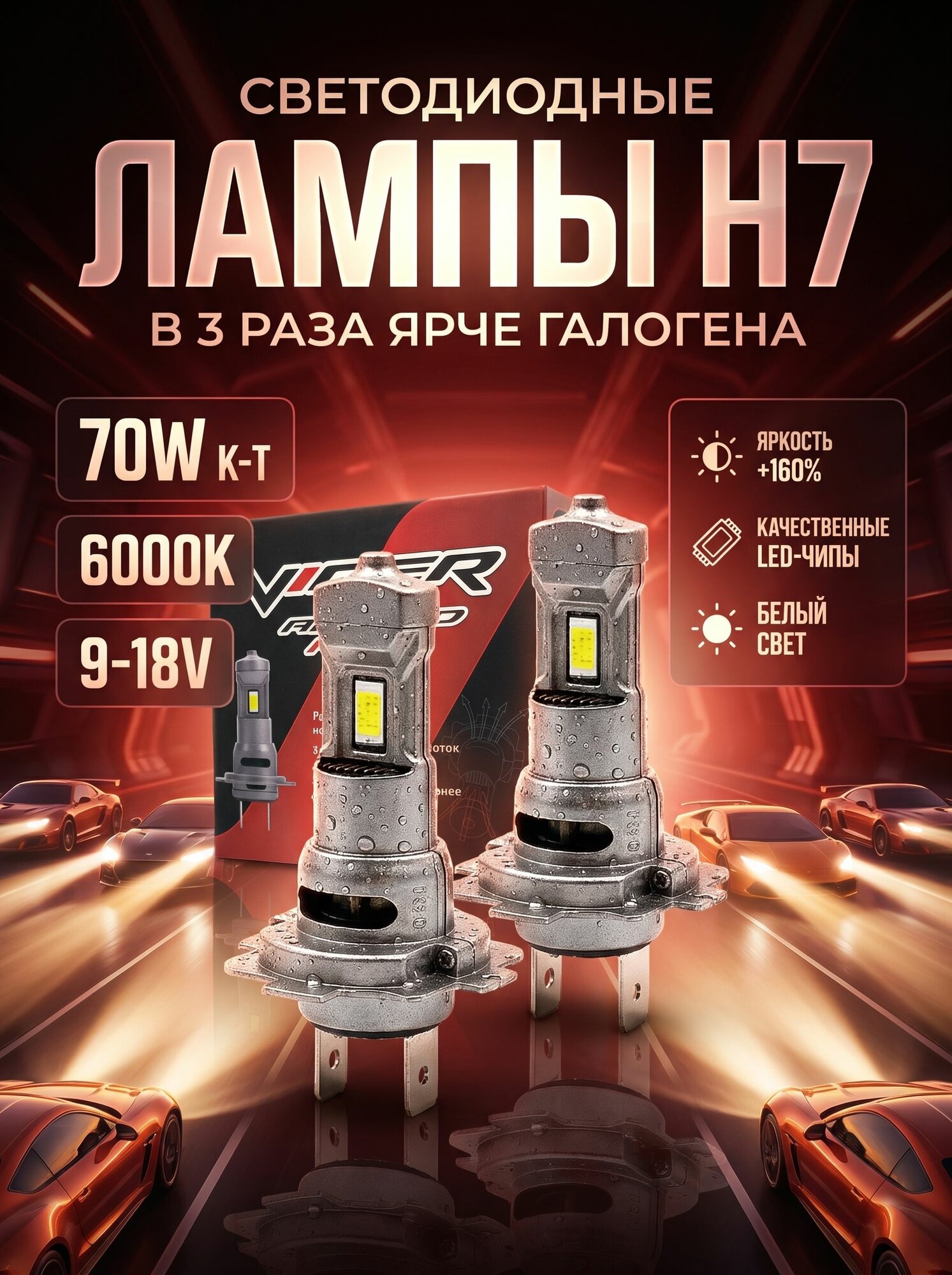 Светодиодные лампы LED Viper Air PRO H7 для фар авто / Компактные лед лампы Н7 Вайпер