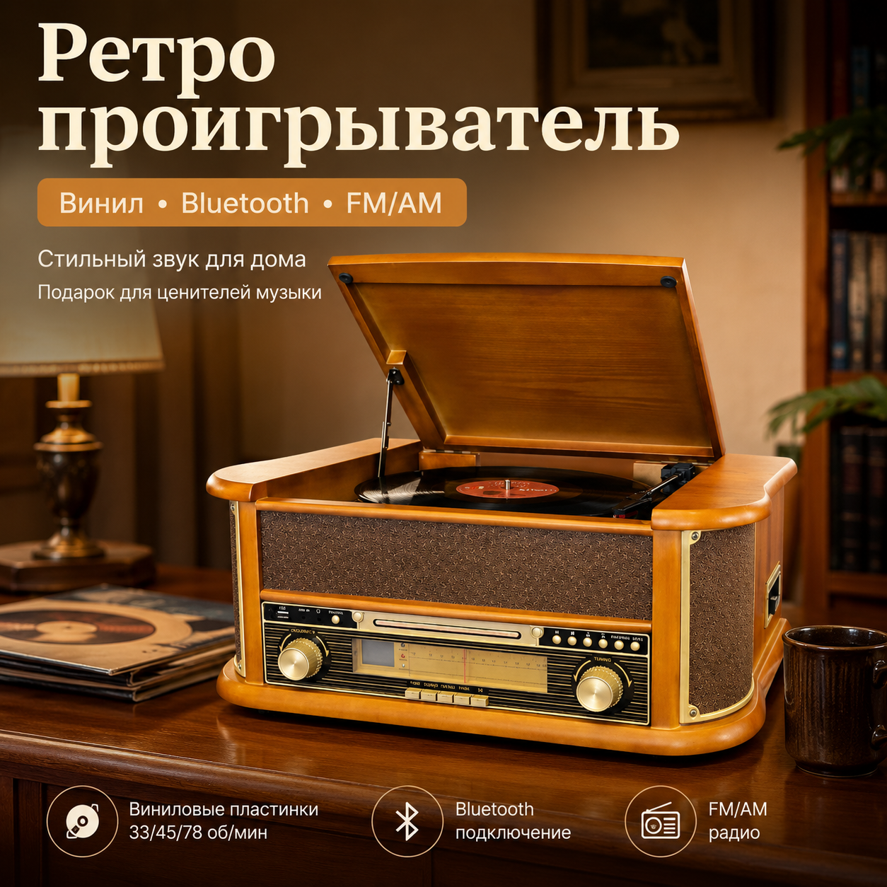Ретро музыкальный центр с крышкой из дерева, универсальное воспроизведение медиа, насыщенный объемный звук