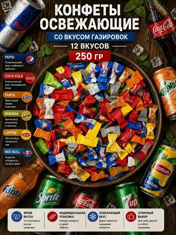 Леденцы со вкусом газированных напитков 250г ассорти 12 вкусов, китайские конфеты карамель микс