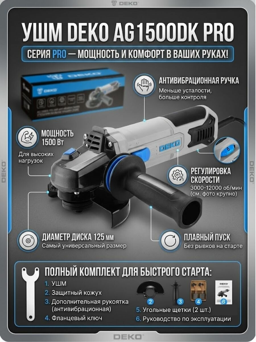 Углошлифовальная машина (УШМ) DEKO AG1500DKDR PRO, 125мм, 1500 Вт