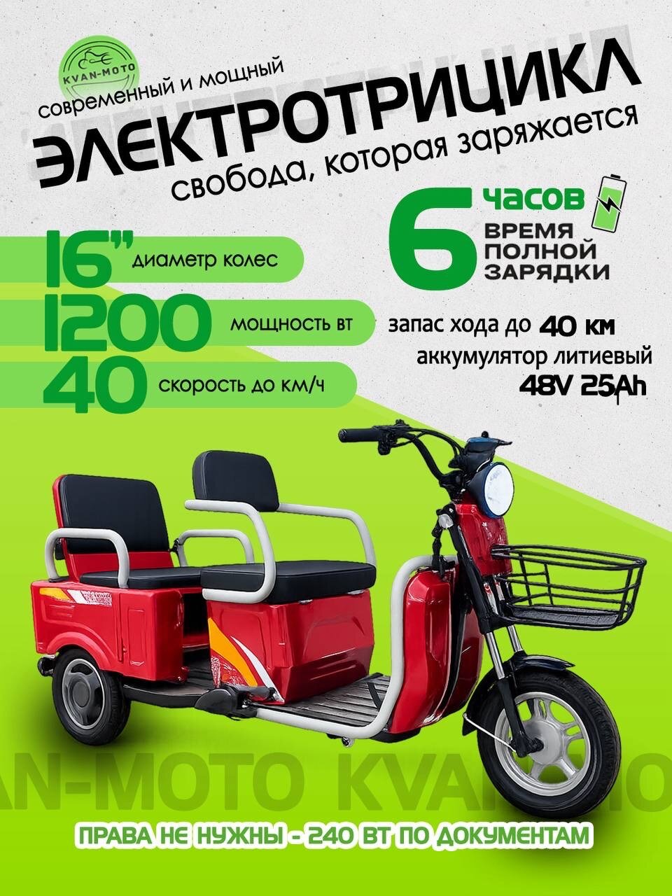 Трехколесный электротрицикл грузопассажирский (трицикл) (1200w Li-ion 48v 25Ah) красный
