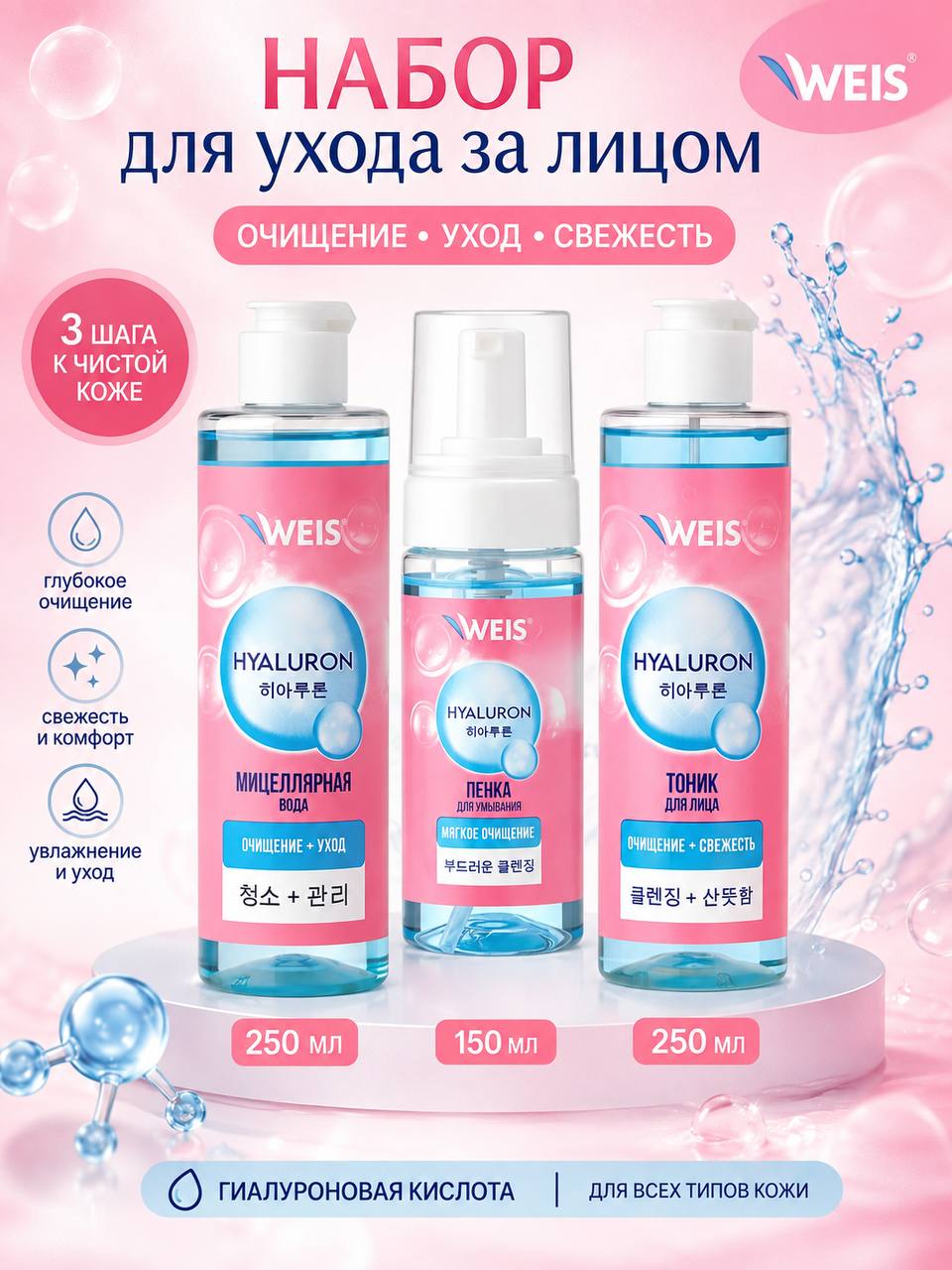 Набор Weis Hyaluron для лица: мицеллярная вода, пенка, тоник