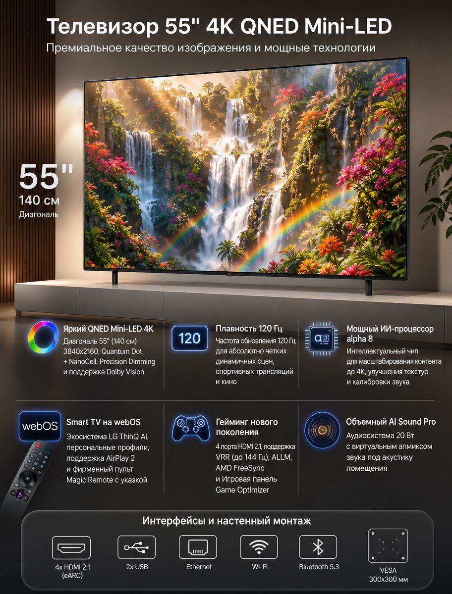 Телевизор LG QNED 55QNED85B6C 55" 4K UHD, webOS Smart TV, серый