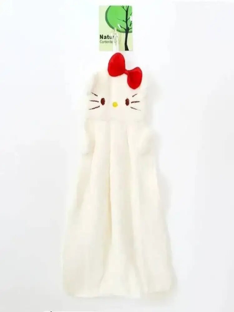 Премиальное полотенце для рук Sanrio Hello Kitty с вышивкой KT, выполненное из мягкого кораллового бархата, предназначено для детей. Кавайный аксессуар в виде мультяшной кошки оснащён петелькой для подвешивания и используется для гигиенических процедур, бу