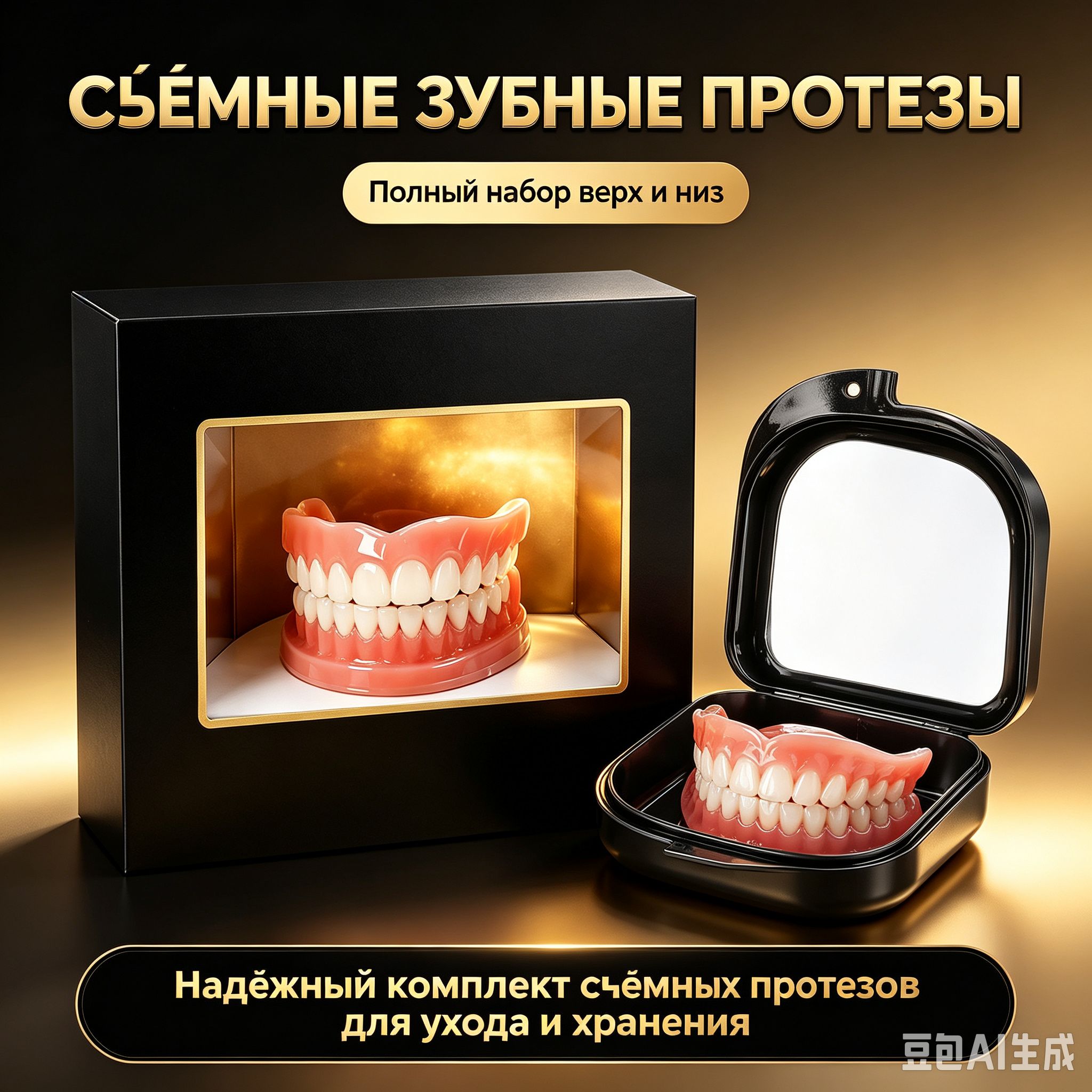 Полный съемный протез на верхнюю и нижнюю челюсть: естественный розовый базис, белые зубы, комфортная фиксация