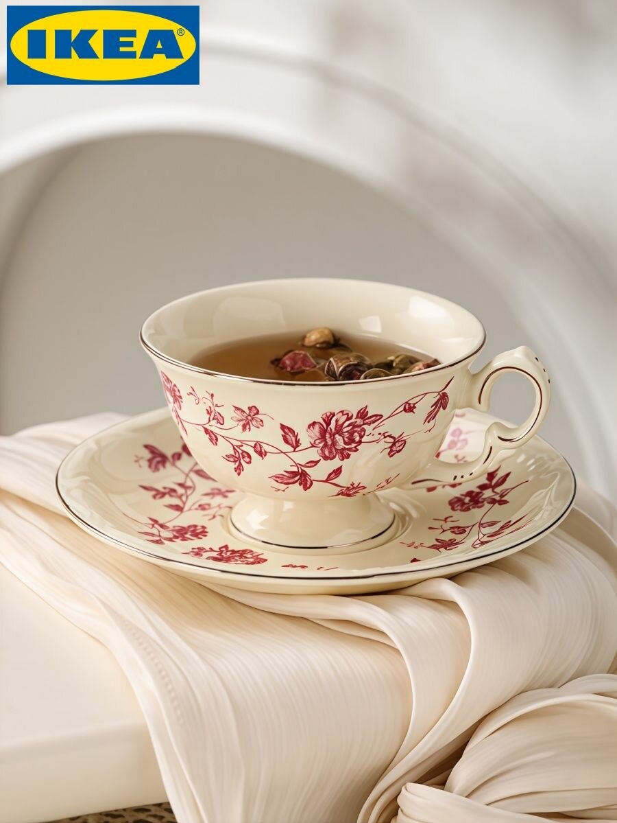 Кофейная/чайная чашка с блюдцем IKEA "керамический цветок", 16,7x6,6 см, красный, 220 мл