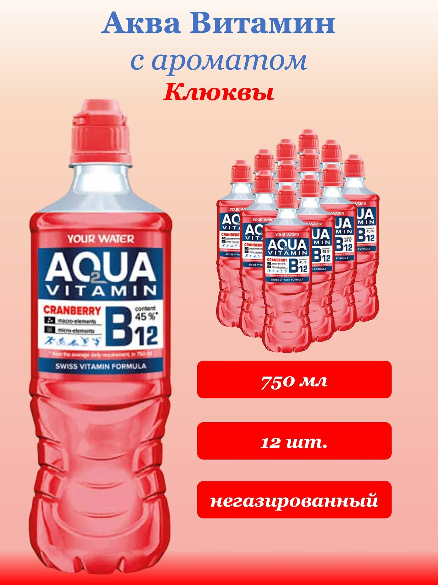 Напиток безалкогольный Aqua Vitamin (Аква Витамин) Клюква 0,75 л х 12 бутылок, негазированный, пэт