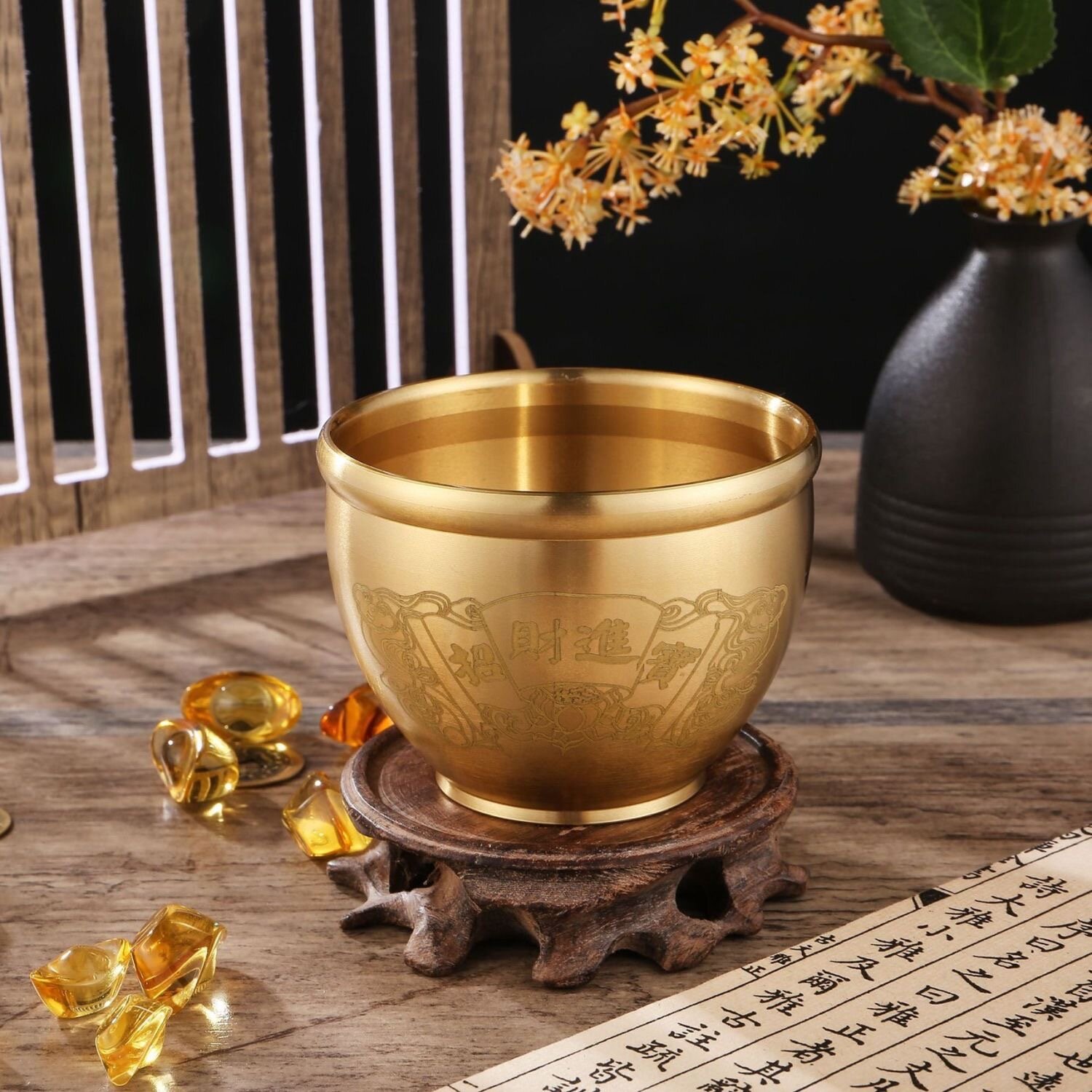 Чаша из чистого латуни для привлечения удачи, настольное украшение для чайного стола, маленькая медная чаша для привлечения удачи