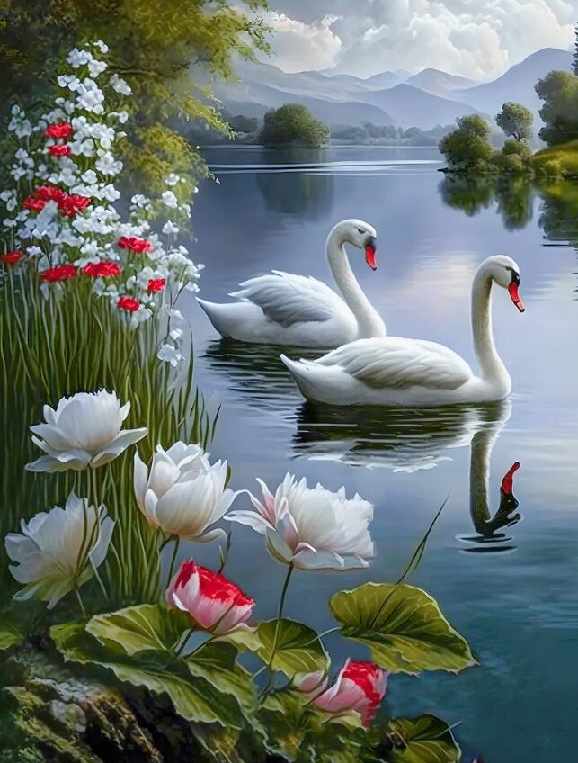 Работа из 5D кристаллического мозаика "Лебедь, плавающий на поверхности воды" / Размер: 40 сантиметров на 50 сантиметров