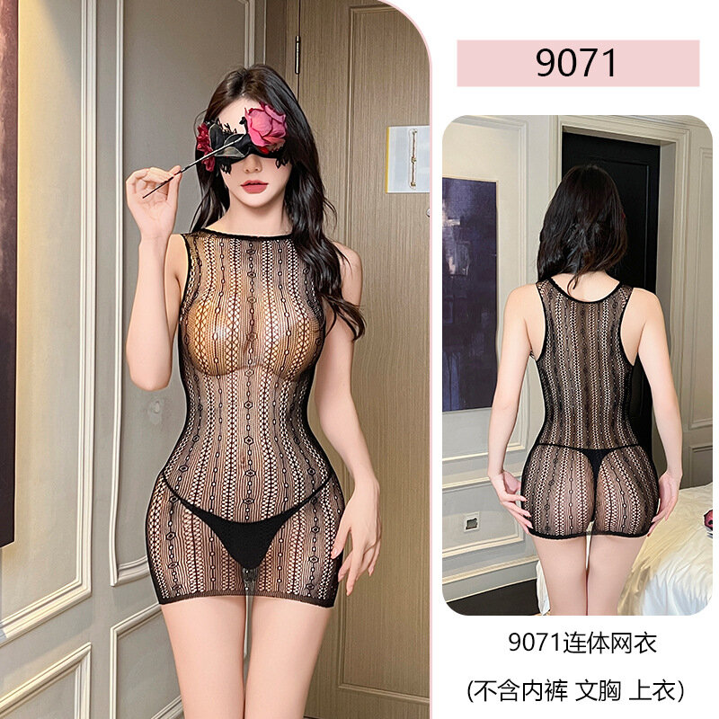 Сексуальная кружевная ночная рубашка без рукавов в европейском и американском стиле, облегающее женственное платье с сетчатыми вставками и вырезами, 9071, черная.