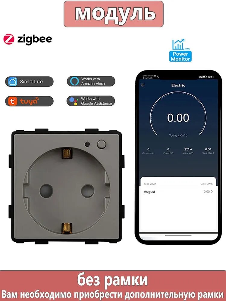 Умная Zigbee розетка, с голосовым управлением, встраиваемая, , без рамки, серый (Алиса, Маруся, Smart life)