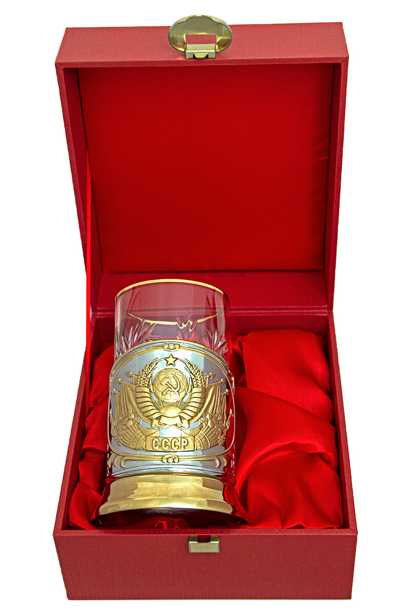 Подстаканник "СССР" в/з - дерев. футляр, хруст. стакан, штамп ПД-290/1Ш