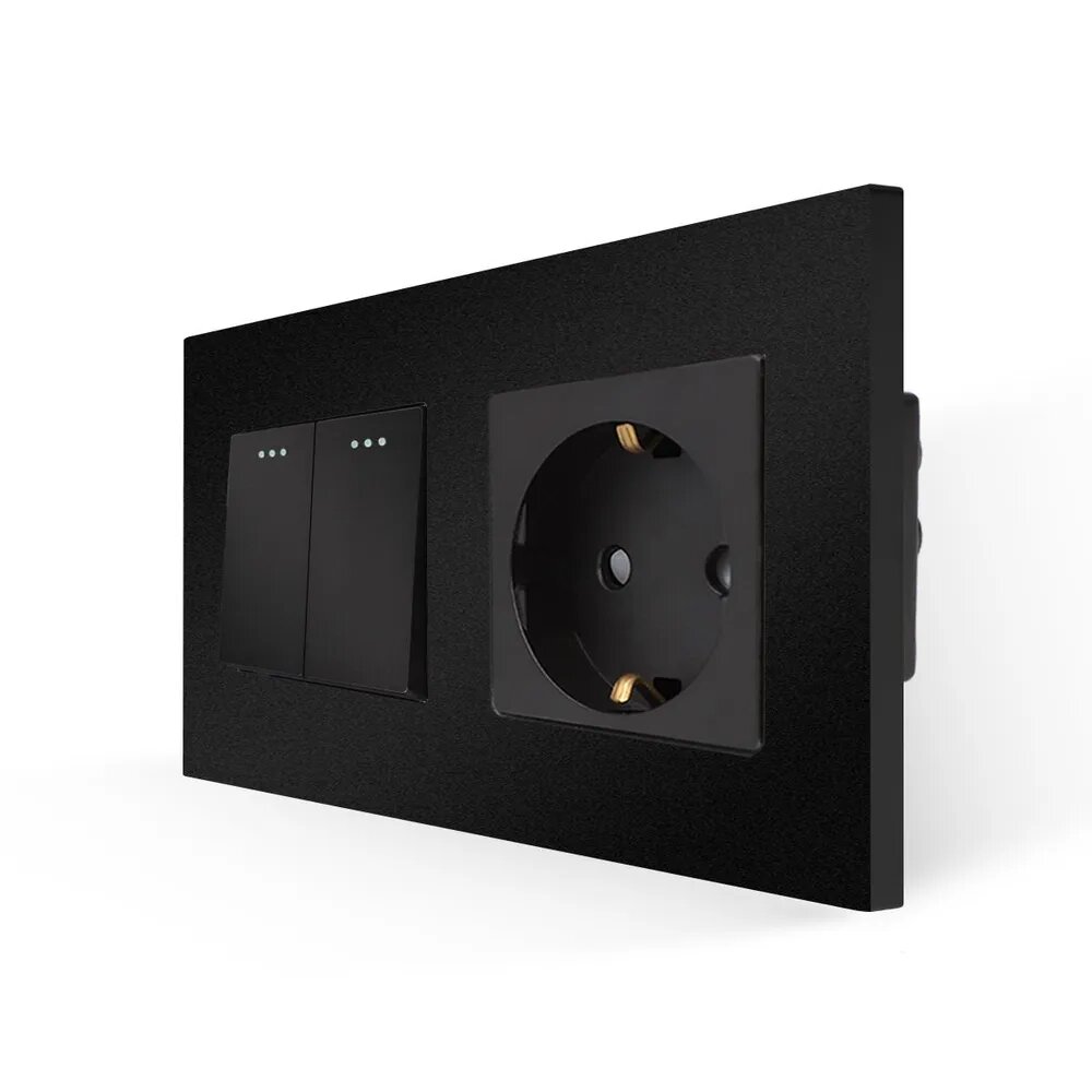 Двухкнопочный переключатель с розеткой ,2 клавиша, 1 розетка, Пластиковые рамы Черный