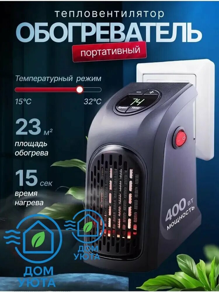 400 Вт Портативный обогреватель в розетку мини тепловентилятор настенный с таймером, термостатом 15-32C, LED-дисплеем и автоотключением