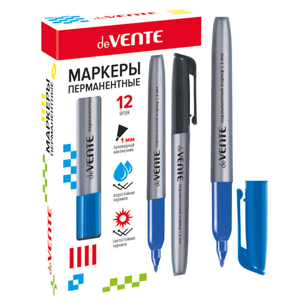 Маркер " deVente " синий 1мм, пулевидный наконечник, перманентный, количество: 12 штук