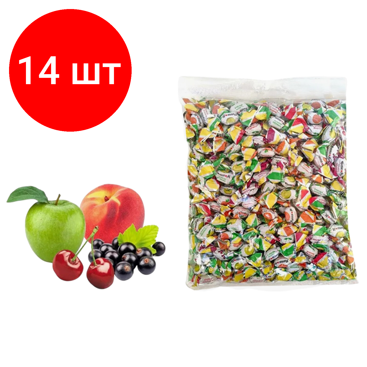Комплект 14 шт, Карамель леденцовая мини-м Классика, ассорти (вишня, яблоко, чёрная смородина, персик), 1 кг