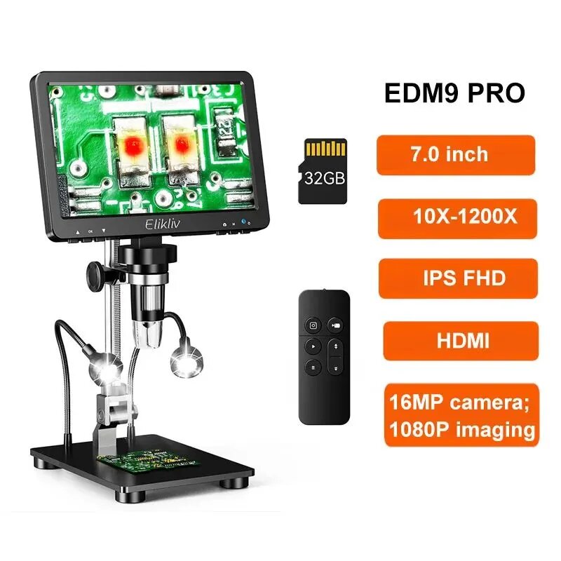Elikliv EDM9 Pro Цифровой микроскоп с 7-дюймовым IPS-экраном и HDMI 50X-1200X Сварочный электронный микроскоп со светодиодной подсветкой, с поддержкой ПК
