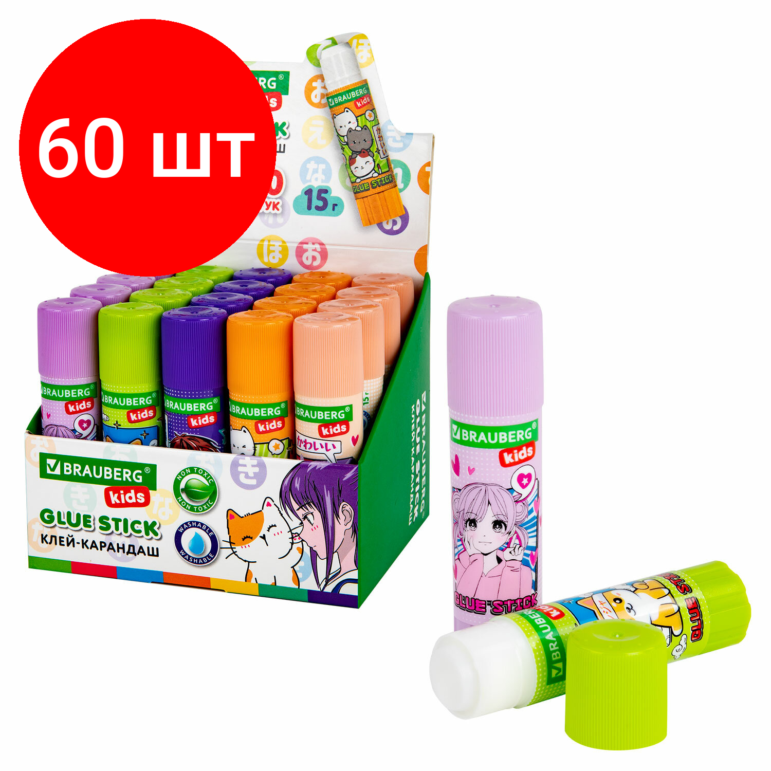 Комплект 60 шт, Клей-карандаш "Anime" 15 г, BRAUBERG KIDS, ассорти, 272472