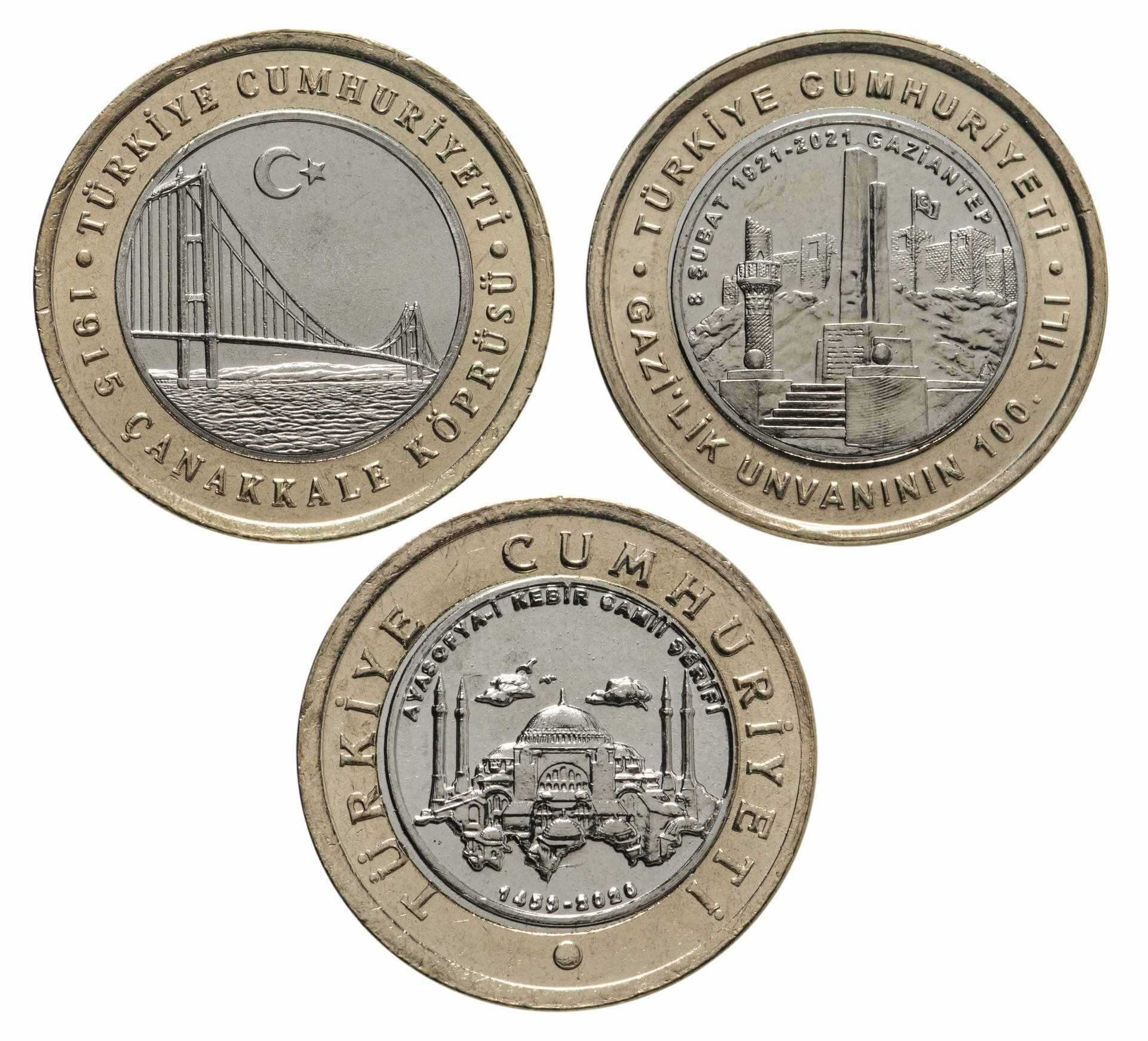 Набор монет "Достопримечательности Турции: Большая мечеть Айя-София, Мост Чанаккале 1915 года, город Газиантеп" 2020-2022 года , Биметалл, в сохранности UNC