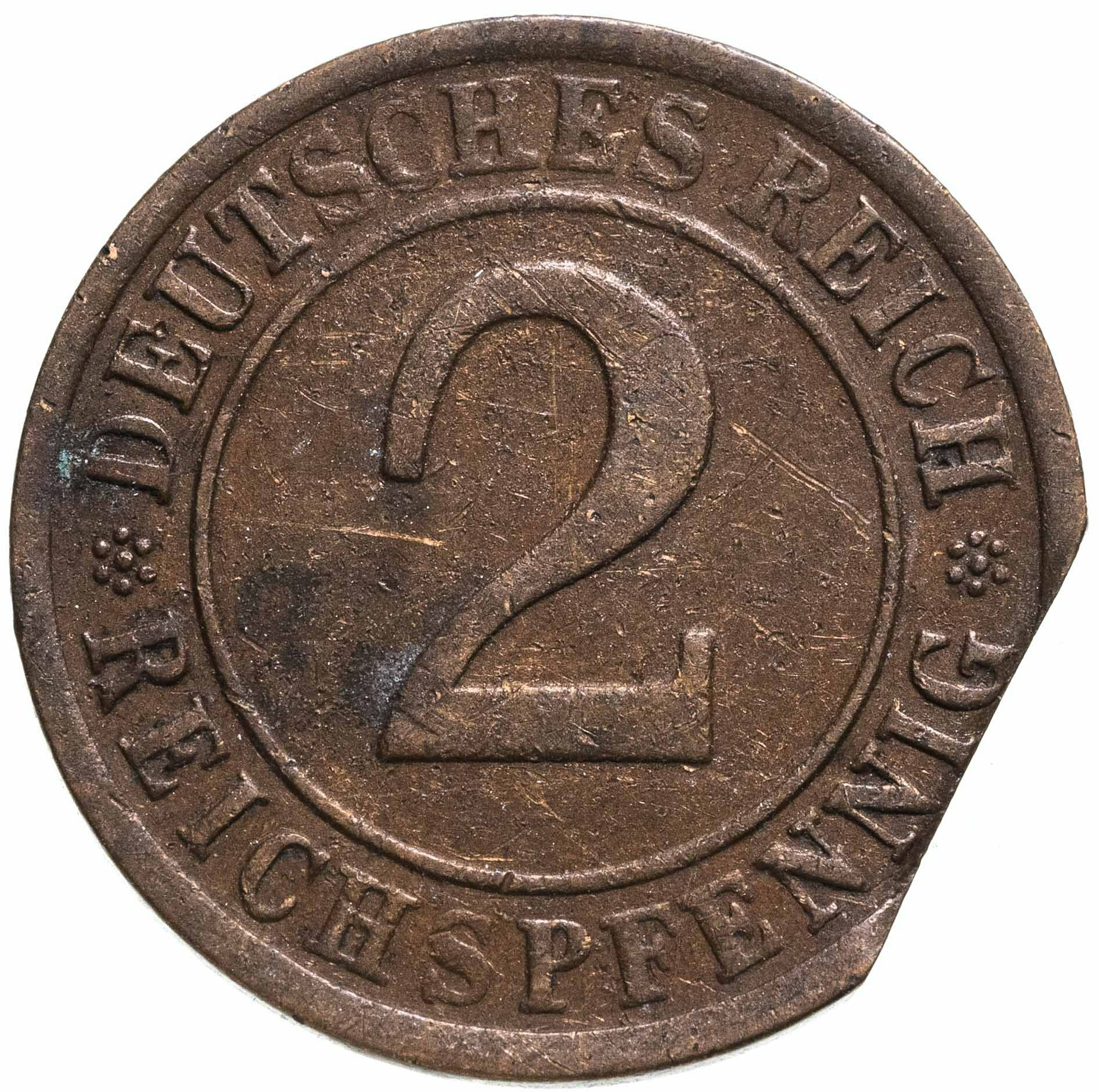 Германия 2 рейхспфеннига reichspfennig 1925 E знак монетного двора "E" — Мульденхюттен, Бронза, в сохранности VF