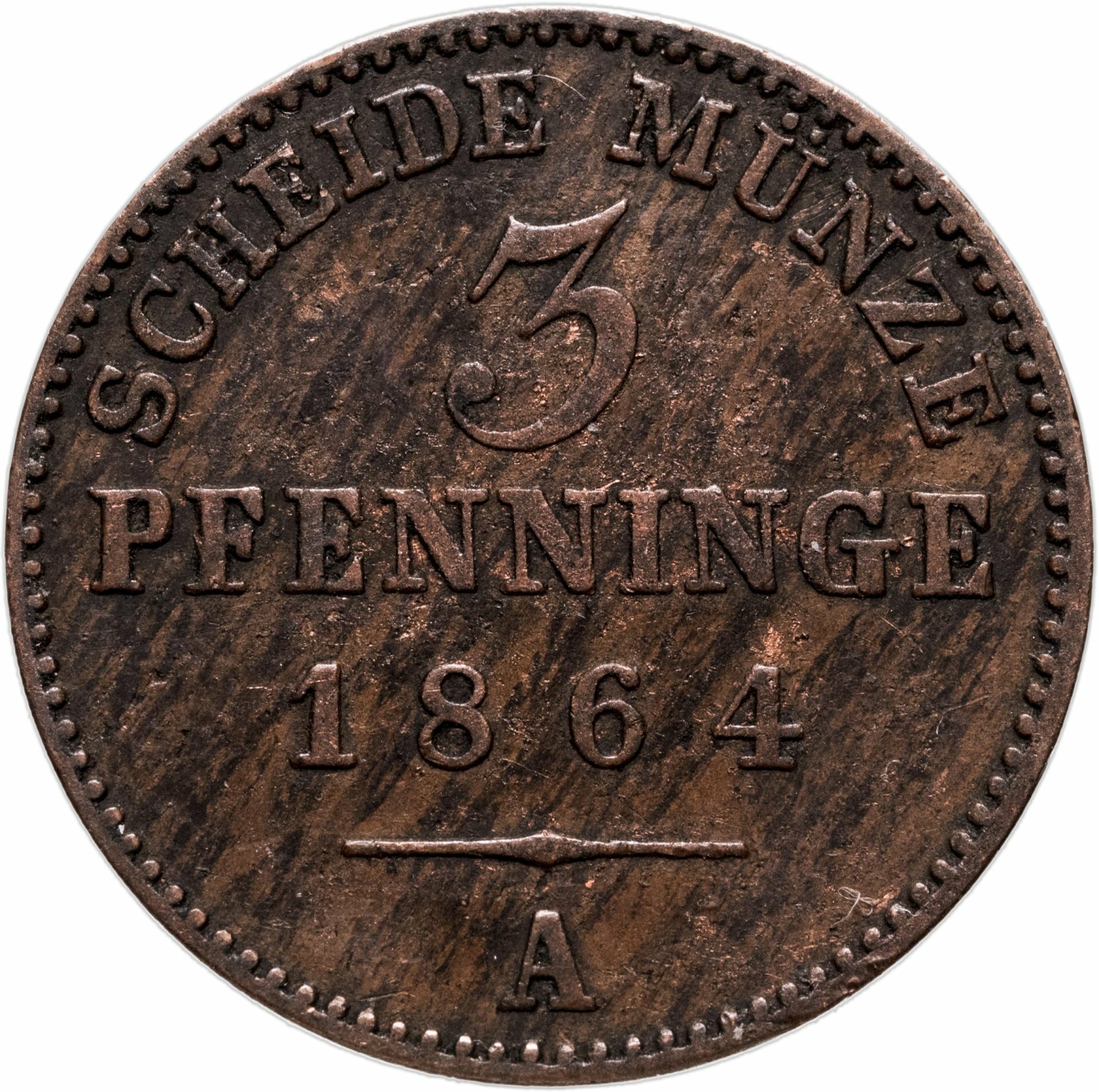 Пруссия 3 пфеннига pfenninge 1864 A, знак монетного двора: "A" - Берлин, Медь, в сохранности XF