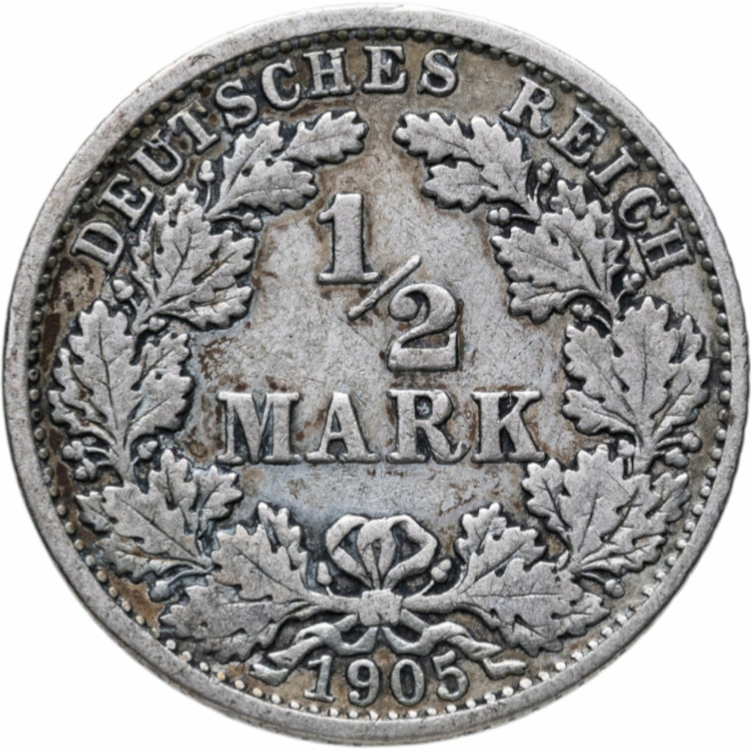 Германия 1/2 марки mark 1905 F знак монетного двора: "F" - Штутгарт, Серебро 900, в сохранности XF
