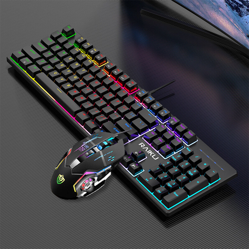 Набор механической клавиатуры, мыши и наушников в стиле стимпанк с синими клавишами для игр и офиса Цвет：Черная
