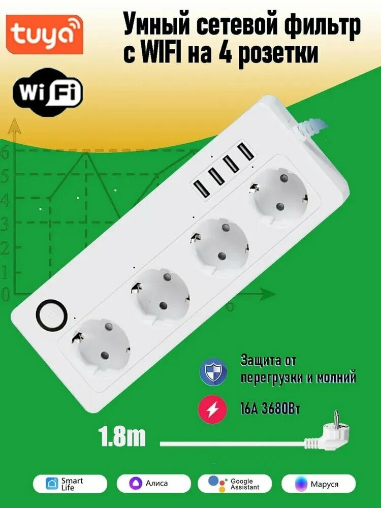 Сетевой фильтр, WiFi удлинитель с USB, голосовое управление розеткой, огнестойкий удлинитель, 4 розетки + 4 USB, умный дом Tuya, защита от молний, 3600W мощность