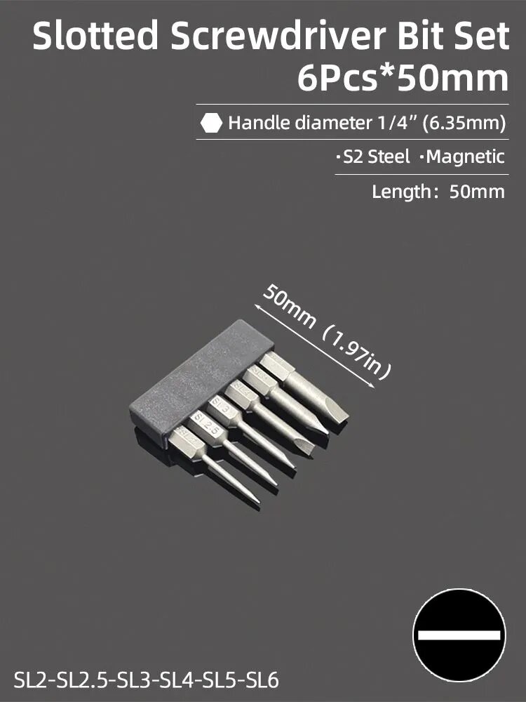 Набор бит шлицевые плоских для шуруповертов магнитных с шестигранным хвостовиком S2, SL(SL2-SL6)х50 мм, 6 шт.