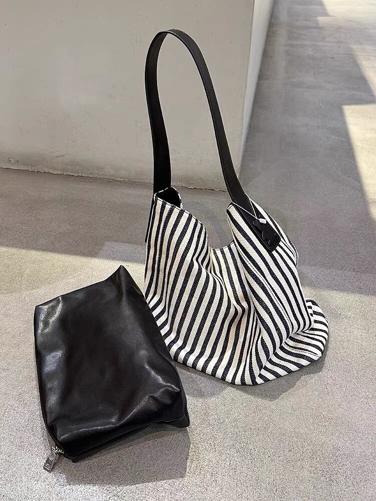Сумка из полосатого холста из овчины для женщин 2025 года, новая сумка из натуральной кожи, большая вместимость, повседневный стиль, сумка через плечо