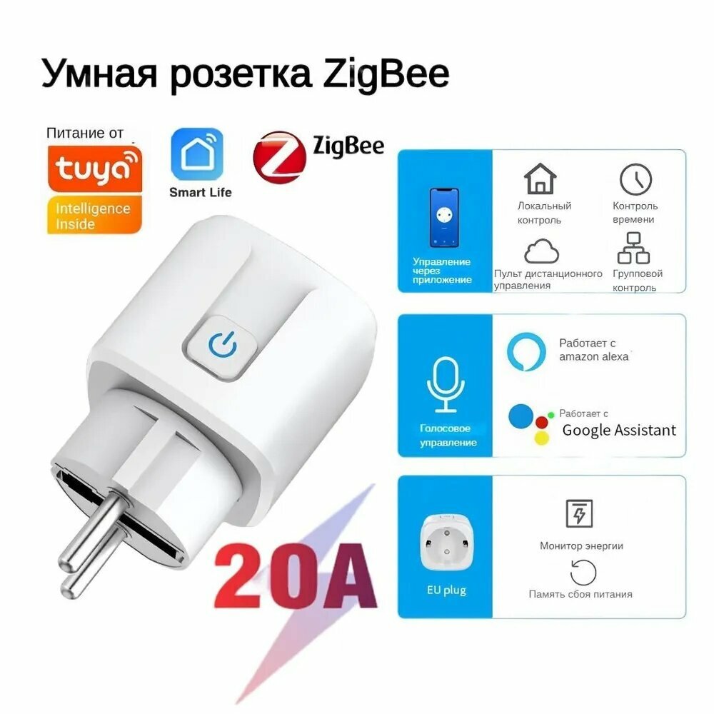 ZigBee умная розетка с поддержкой Tuya Smart Life, 20A, 4400W