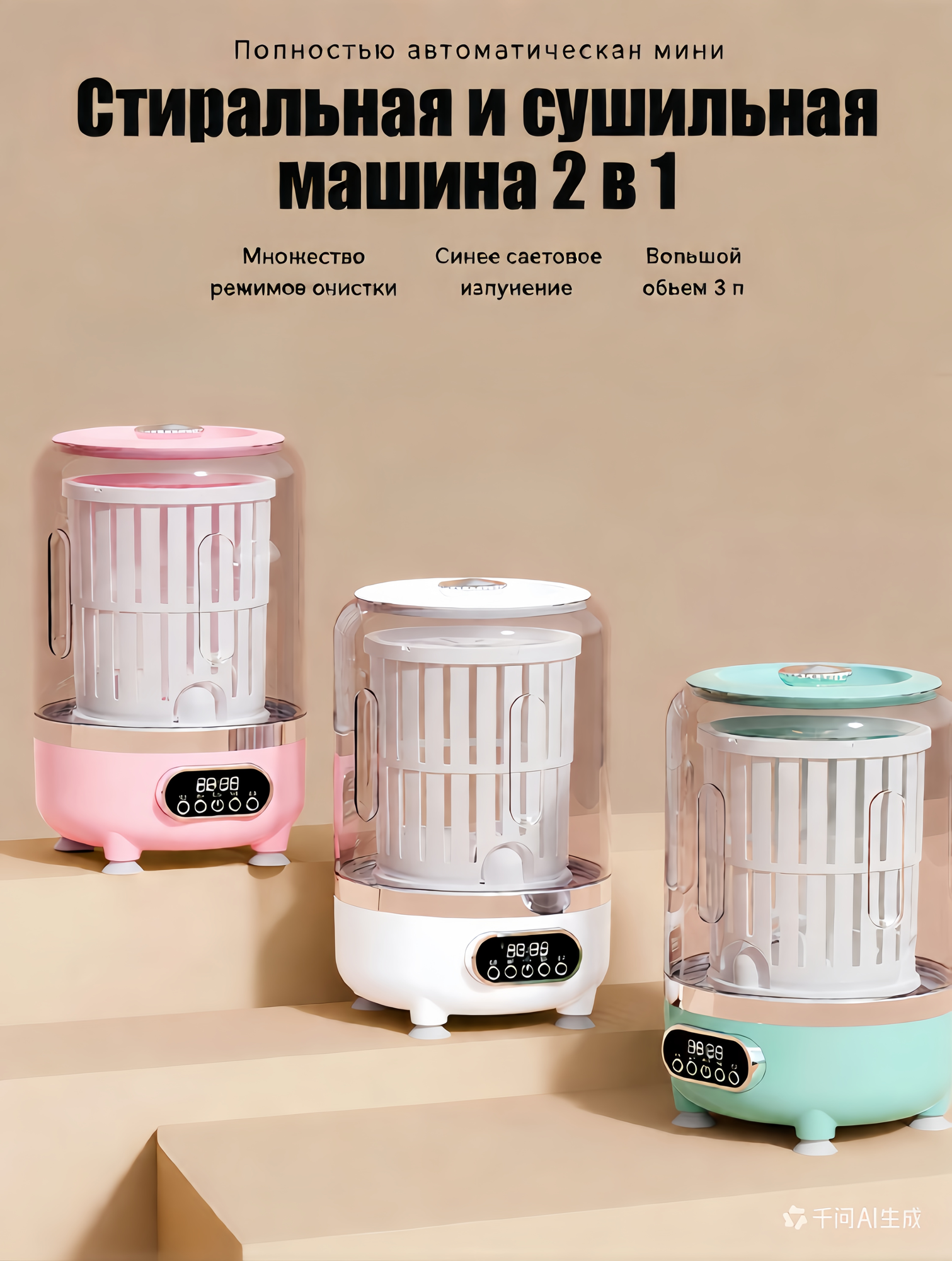 Портативная мини-стиральная машинка, 3л, вертикальная загрузка, с отжимом