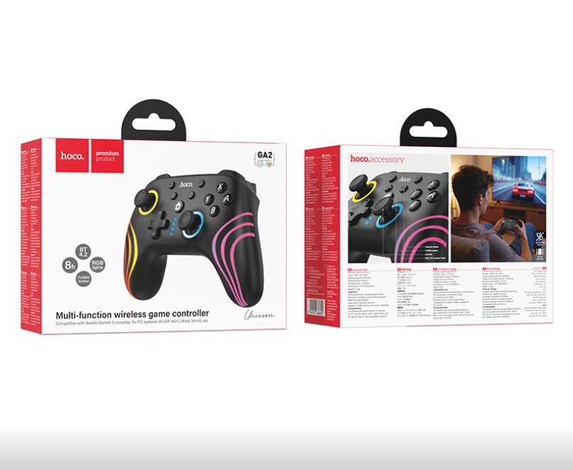Джойстик для Switch1/2/ PC Win, Hoco GA2 Unicorn Multi-Function Wireless Game Controller, RGB, BT4.2, Черный