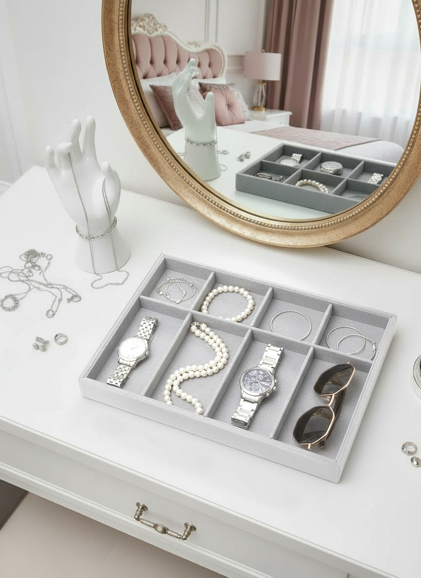 Шкатулка для украшений и аксессуаров из велюра одноуровневая подставка органайзер CloxBox JB100-GY Серый велюр